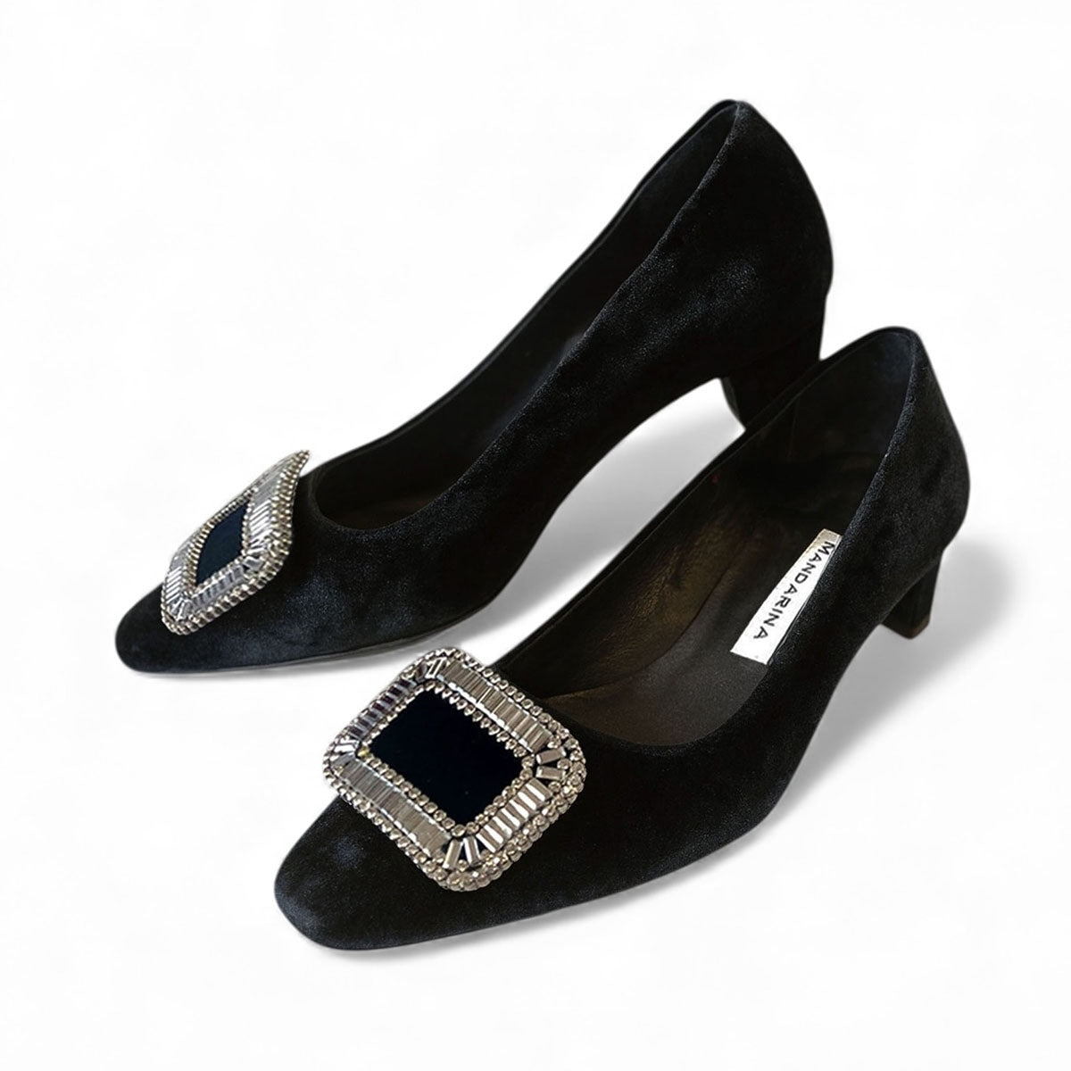 Black Velvet Court Shoes with Diamante Buckle | Mandarina Shoes
