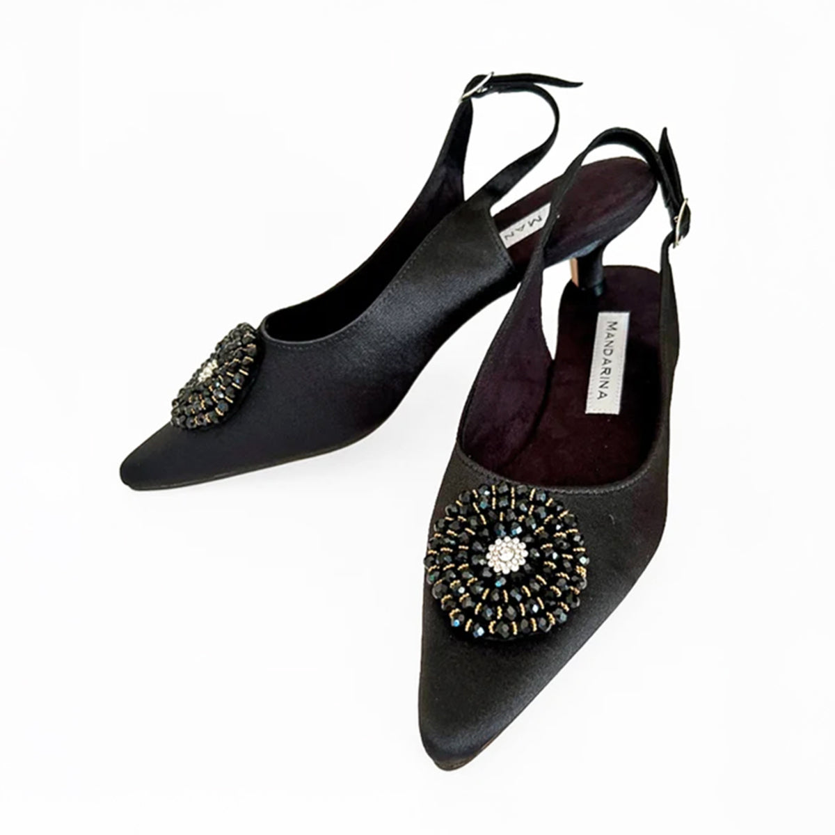 Black Satin Kitten Heel Slingbacks Shoes | Party Shoes