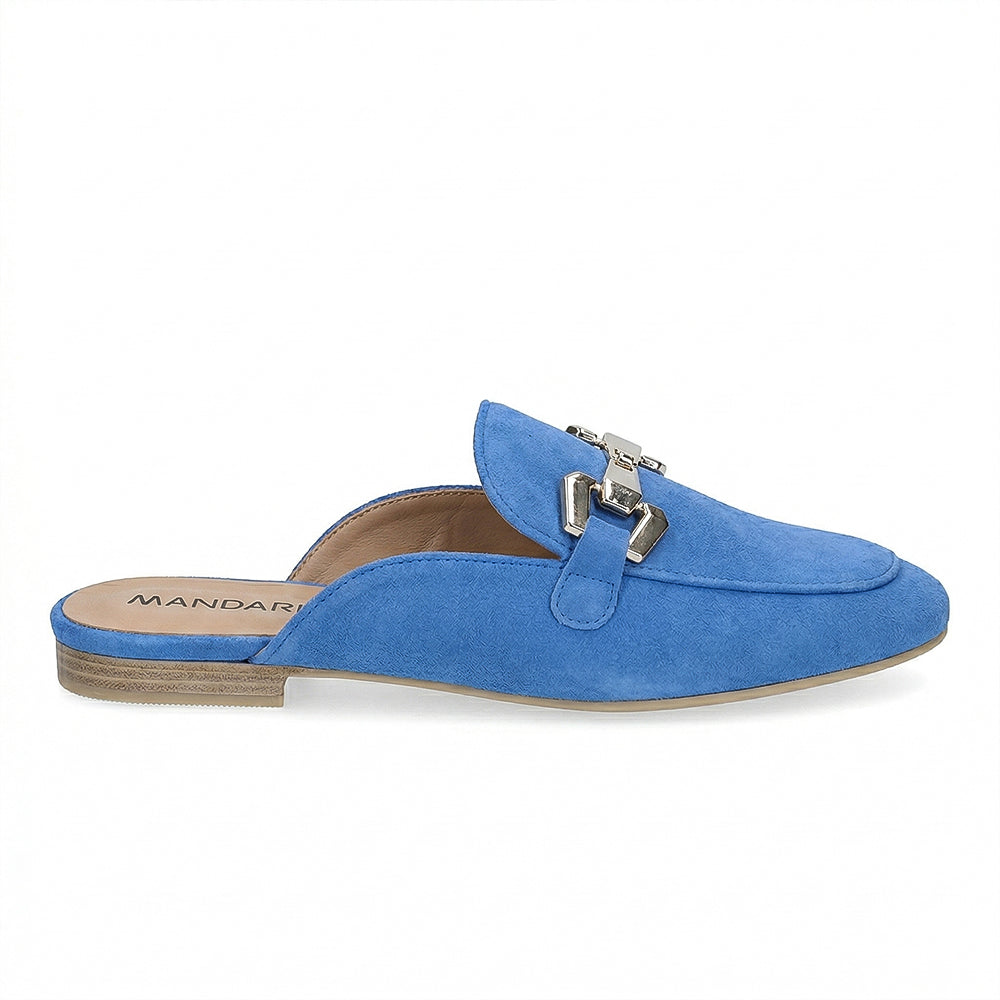 Blue Suede Mules - Loafer Style with Buckle | Mandarina Shoes