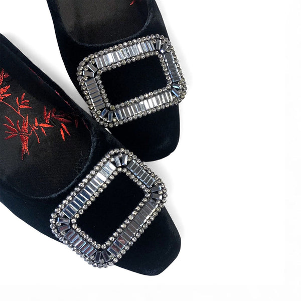 Black Velvet Court Shoes with Diamante Buckle | Mandarina Shoes