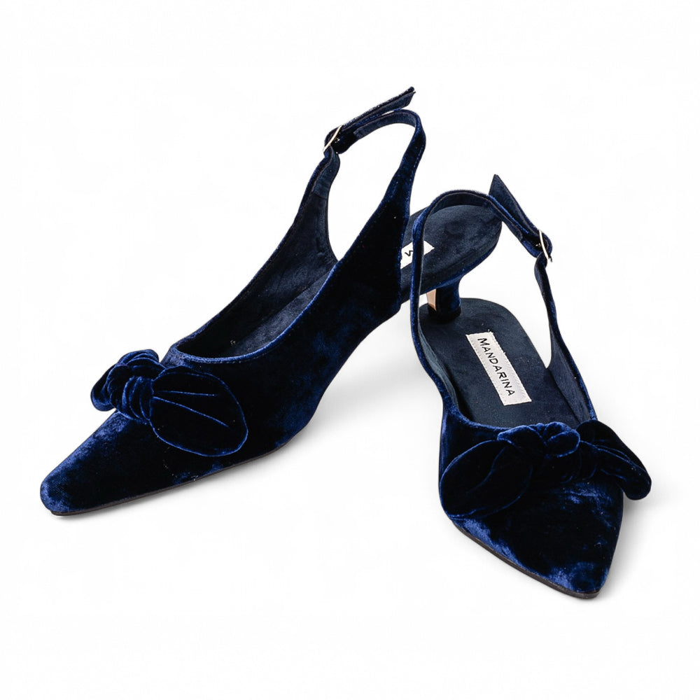 Midnight Blue Velvet Kitten Heel Shoes with Bow Trim