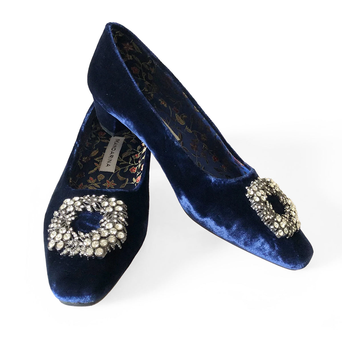 Navy Blue Velvet Court Shoes with Diamante Buckle